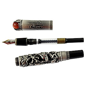 Gullor JinHao Antique Silver Dragon Style 3D Carved Fountain Pen With Red Pearl, Medium Nib, Black