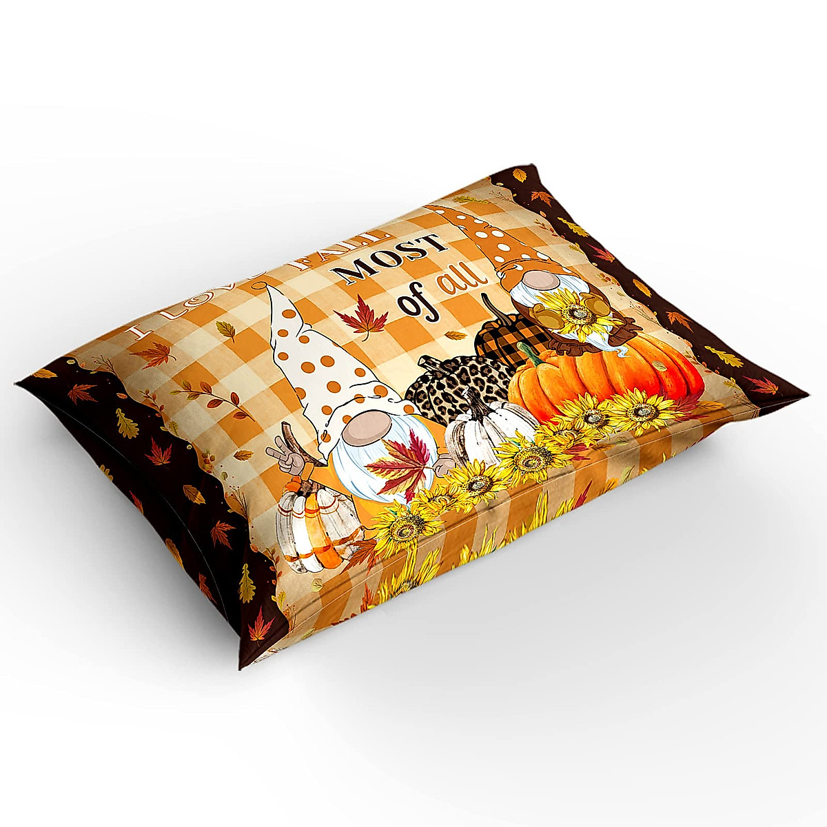 Custom Bed USA Thanksgiving Gnomes Duvet Cover Set, 4 Pieces Bedding Set with Comforter Cover, A Pair of Pillowcases and Fitted Sheet for Bedroom Decor Queen Size, Pumpkin Sunflower Fallen Leaves