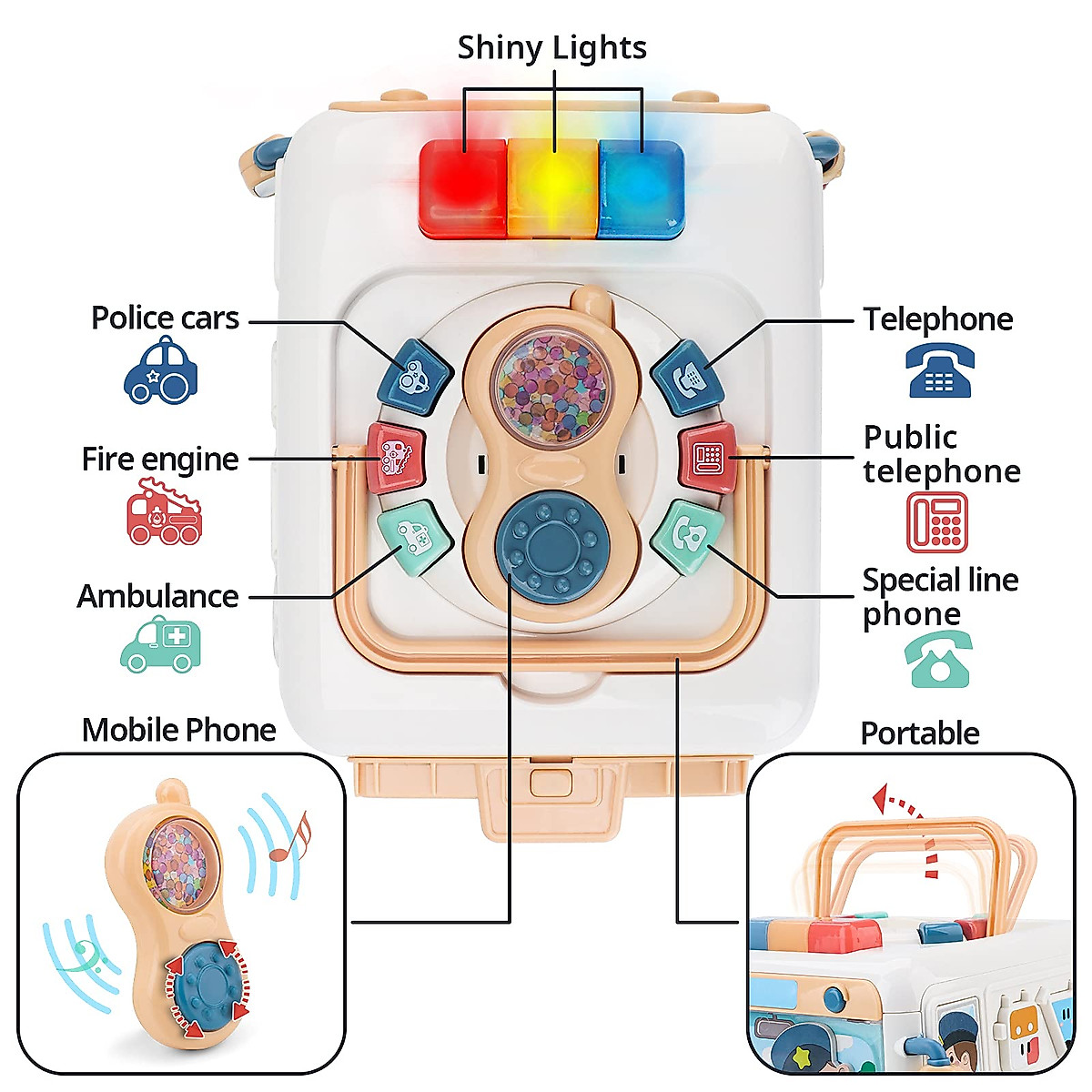 OWNONE 1 Baby Activity Cube Toy, Musical School Bus Toy for Toddlers 1-3, Learning Music Toy Birthday Gift for Baby Boys & Girls 1 2 3 Years Old