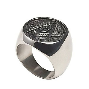 Round Chiseled Stainless Steel Freemason Ring/Masonic Ring with Black Stone & CZ. Freemason's Jewelry Masonic Rings Free Masonry Member. Free Masons Masonary Ring with Masonic symbol emblem (13)