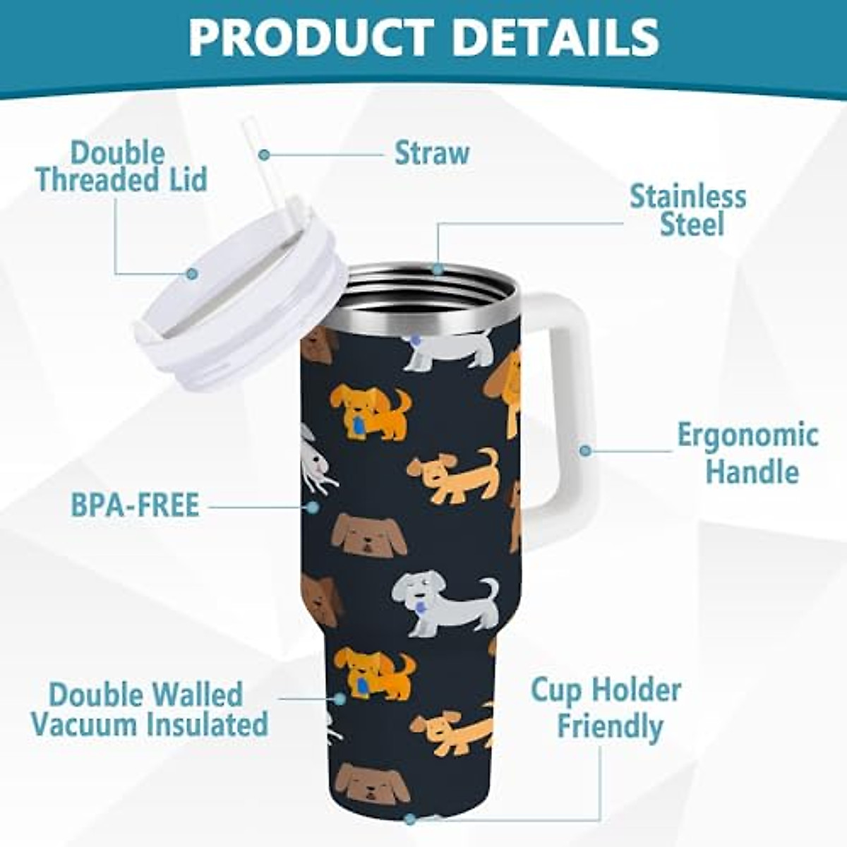 RPLIFE Cartoon Style Dogs Black 40oz Tumbler with Handle, Stainless Steel Water Bottle with Straw, Travel Coffee Tumbler