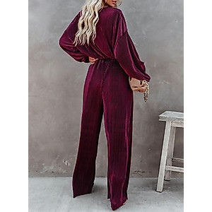 Dokotoo Womens Two Piece Outfits Casual Crew Neck Long Sleeve Tops 2 Piece Fall Outfits for Women Solid Wide Leg Pants Set 2024 Trendy Wedding Guest Sweatsuit Palazzo Pants Tracksuit L Red