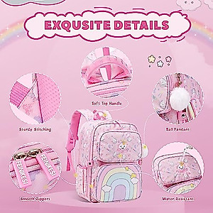 ASKSKY Backpack for Kids, Lightweight Girls Backpack Wide Open School Backpack Watrer Resistant Book Bag for Primary Elementary School,Pink Rainbow