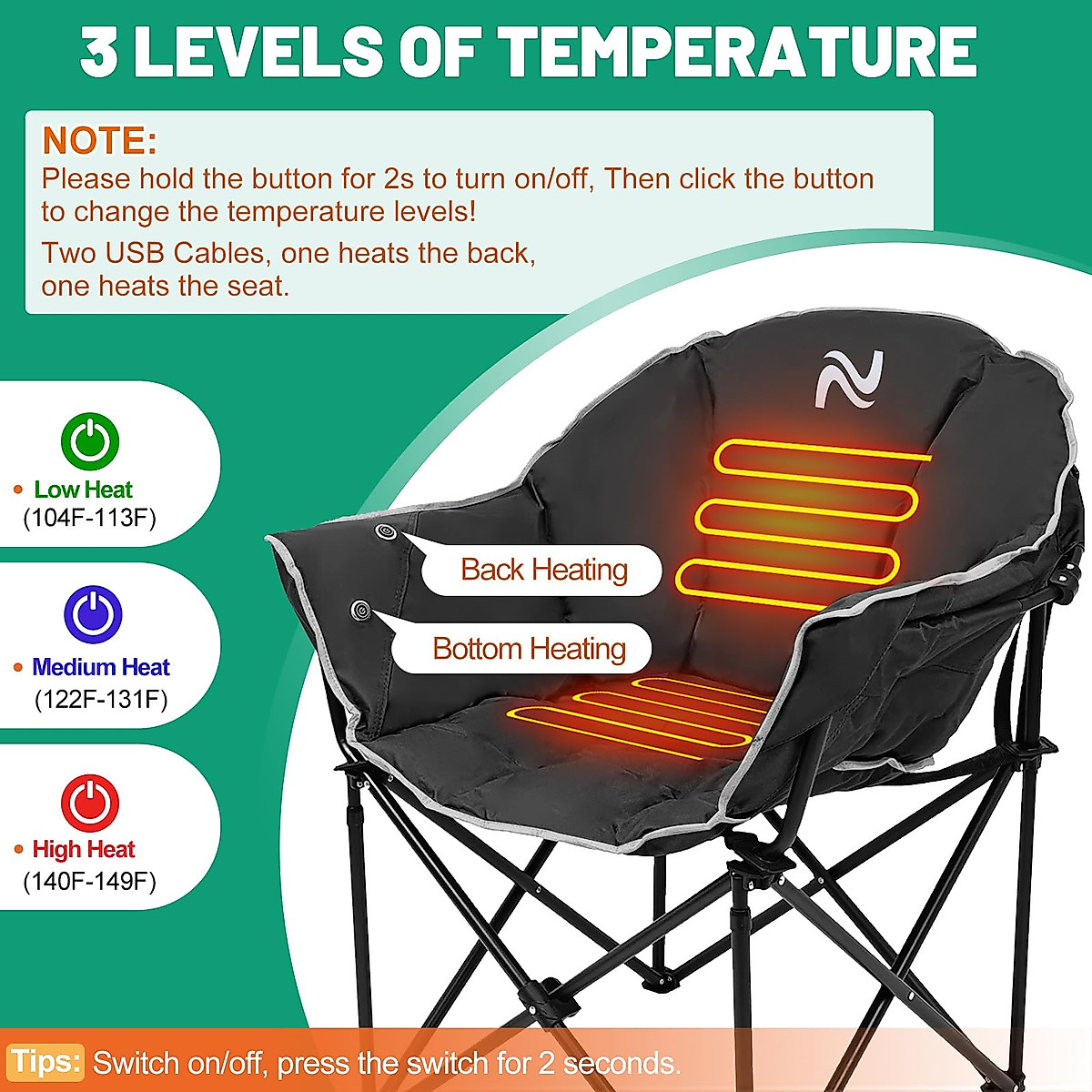 LILYPELLE Oversized Heated Camping Chair Heats Back and Seat, Padded Cushion Outdoor Folding Chairs Patio Lounge Chair Heating Chair for Outdoor Sports, Camping, Lounge Patio, and Picnics
