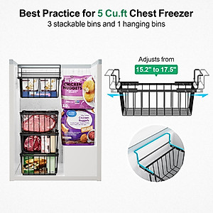 iSPECLE 4 Pack Freezer Organizer Bins - Fit 5 Cu.FT Chest Freezer, 1 Expandable Hanging Bin and 3 Pack Stackable Deep Freezer Organizer, Sort and Get Frozen Food Easily with Handle, Black