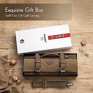 HEZHEN Chef Knife Roll Bag 16oz Oil Waxed Canvas, Heavy Duty Portable Backpack Knife Case Storage, 12 Slots & 2 Zipper Pockets, Detachable Adjustable Leather Shoulder Strap Belt（Not Included Knives）