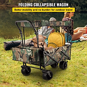 Collapsible Folding Wagon with Removable Canopy - Heavy Duty Utility Cart for Garden, Camping, and Beach with Wheels and Rear Storage - Camouflage