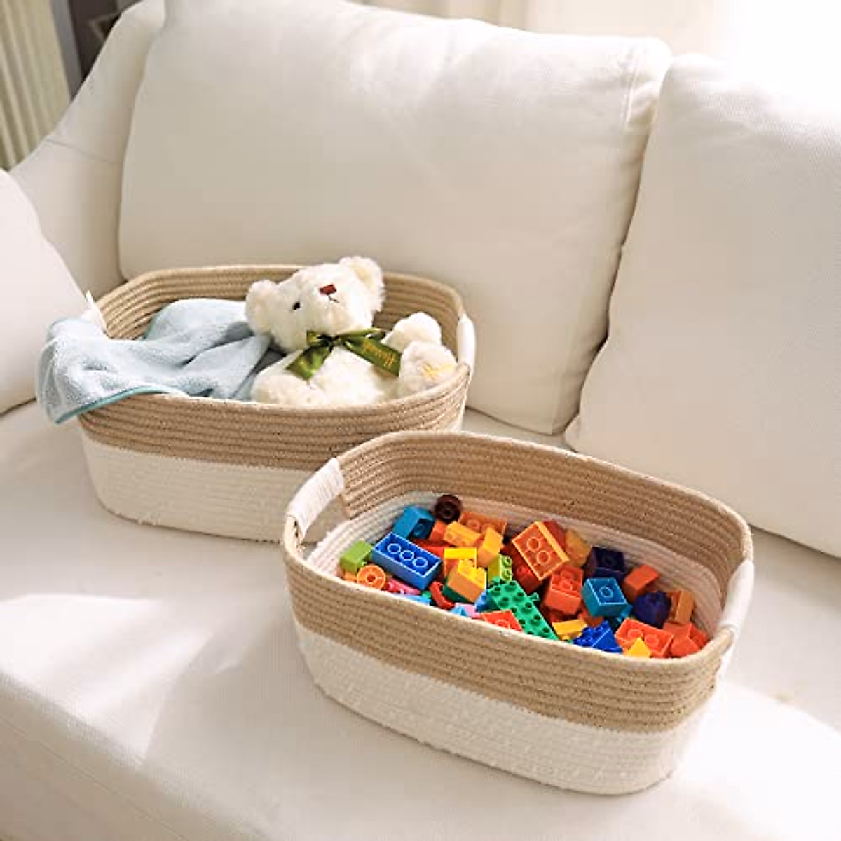 LA JOLIE MUSE Rectangle Storage Baskets Set of 2, Natural Soft Cotton and Jute Rope Baskets for Baby Nursery Kids Toys, Decorative Baskets for Organizing