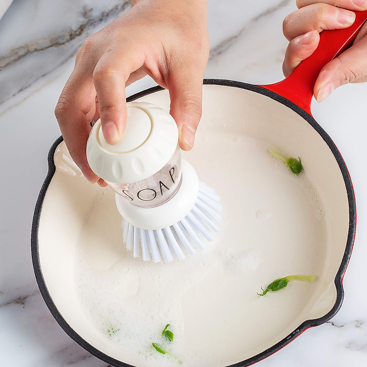 Rae Dunn Collection Soap Dispensing Dish Brush Set - Set of 2 Palm Brush Dish Scrubber with 2 Replacement Brush Heads