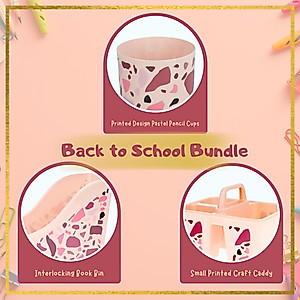 A1 Unlimited Back to School Essentials Bundle, (PEACH) Printed Design Pastel Pencil Cup Craft Caddy Interlocking Book Bin Perfect Storage Organizer Holder for Home Office Classroom with Bonus Item