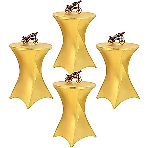 4 Pack Cocktail Spandex Stretch Square Corners Tablecloth, 32"x43" Metallic Gold Spandex Cocktail Table Cover, Fitted High Top Round Table Cloth for Wedding Bar Party Events Home Decor Supplies
