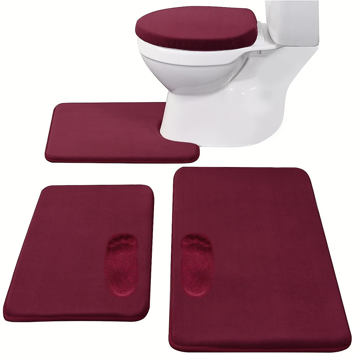 Madeals Memory Foam Bathroom Mat Set 4 Piece with Toilet Lid Cover and Rug Set Combo, Bath Mat Set 3 Piece and U-Shaped Toilet Floor Rug Burgundy