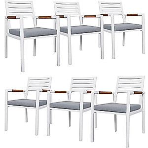 JP Outdoor Patio Dining Chair Set of 6, White Stackable Cast Aluminum Armchair with Grey Cushion, for Indoor Living Room or Outdoor Lawn, Garden, Courtyard, Bistro
