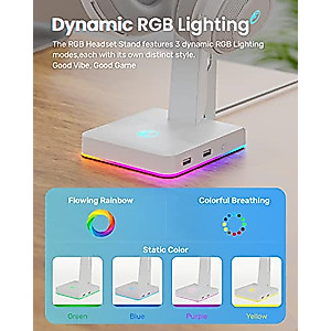 IFYOO RGB Gaming Headset Stand with 2 USB Ports, Game Headphone Mount for PC, Xbox One, PS4, Switch, Earphone Holder Hanger, Great for Gaming Stations, Fancy Desk Gamer Accessories, White