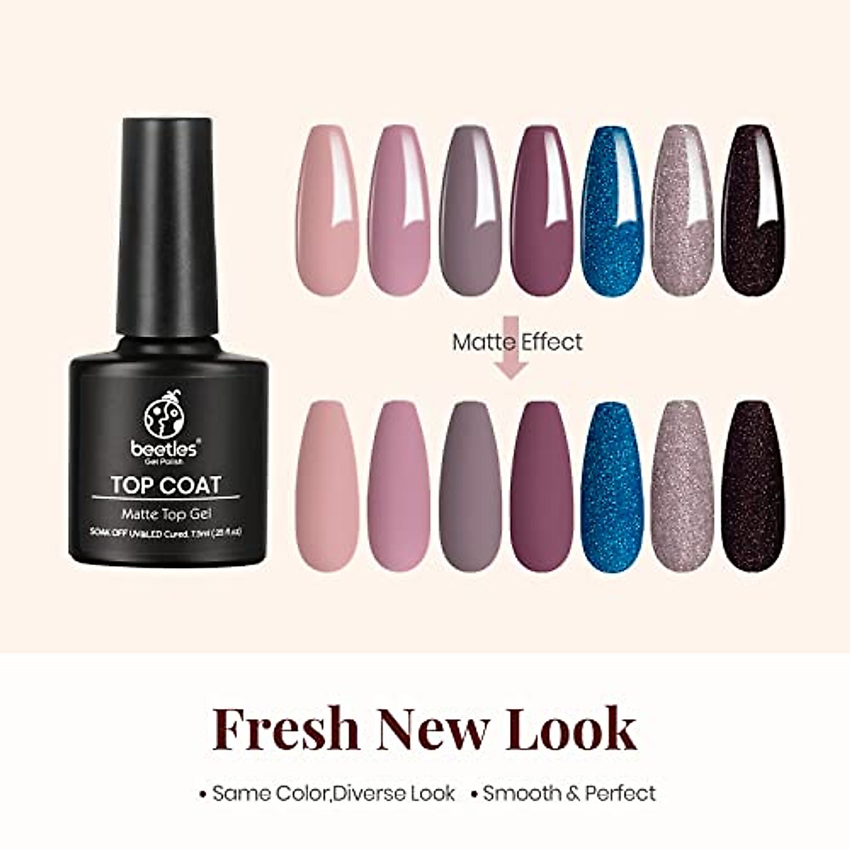 Beetles Gel Top Coat Base Coat Set for Gel Nail Polish, 3Pcs No Wipe Base Gel Matte & Shiny Top Coat, Long Lasting High Gloss and Matte Effects Soak off Uv Led Gel DIY at Home