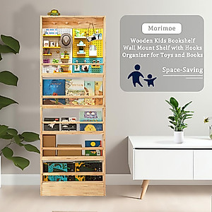 morimoe Wooden Kids Bookshelf, Wall Mount Shelf with Hooks, Organizer for Toys and Books, Space-Saving