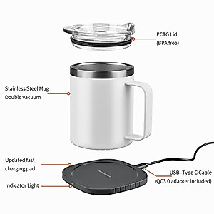 Coffee Mug Warmer Set, 12 Oz Stainless Steel Coffee Cup with Double Vacuum Insulation, 15W Induction Wireless Charging Pad, Home, Office Warms Coffee, Tea, Cocoa, and Milk(Up to 131℉/55℃)