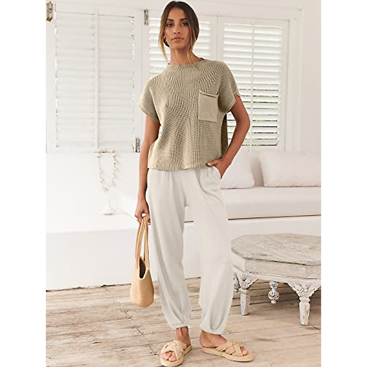 ANRABESS Women's Two Piece Outfits Sweater Sets Knit Pullover Tops and Casual Pants Tracksuit Matching Sets Loungewear 2023 Summer Fashion Clothes Sweat Suit 953qiankaqi-M