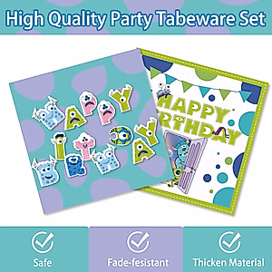 AURORAPARTY 120pcs Monster Birthday Party Supplies Inc Paper Plates Napkins Cups Forks Girl Boy Little Monster Birthday Party Table Decorations Disposable Cake Tableware Set for 24 Guests