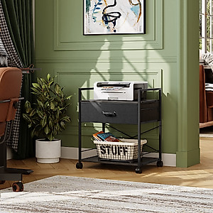 DEVAISE Mobile Printer Stand with Storage Drawer, Vintage Fabric File Cabinet Printer Cart for Home Office, Black