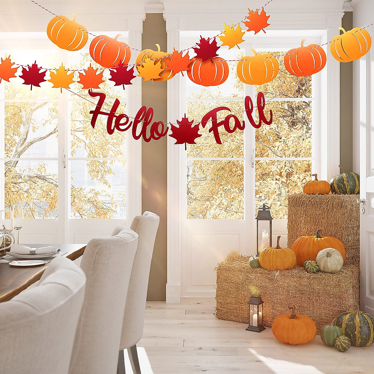 3 Pcs Hello Fall Banners Thanksgiving Fall Decoration Autumn Pumpkins Maple Leaves Garlands Mantel Bunting Harvest Banners for Fireplace Outdoors Indoors Party Hanging Celebrations Decorations (Fall)