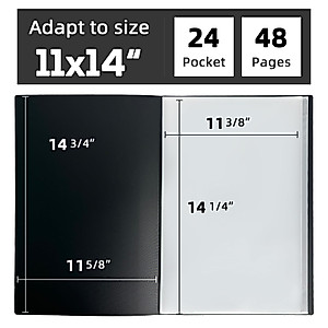 JJRING 11x14 Art Portfolio Folder with Plastic Sleeves, 24-Pocket Portfolio Binder Displaying 48 Pages, Presentation Book with Black Inner Paper for Artwork Storage, Black
