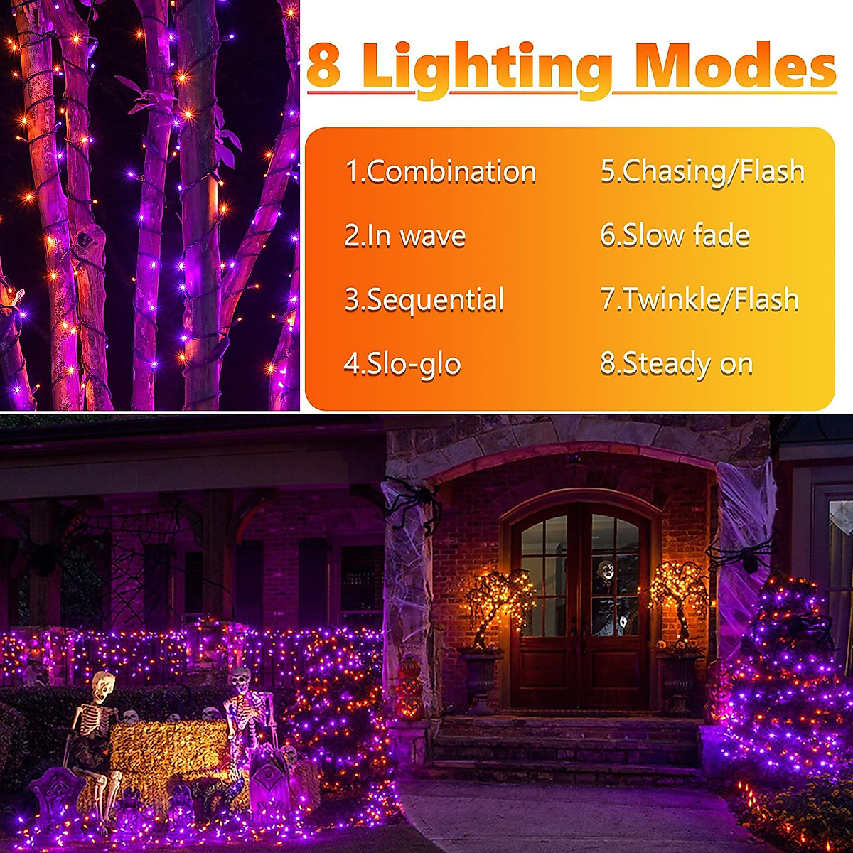 Joomer Orange Purple Halloween Lights 174FT 500 LED Halloween String Lights with 8 Modes Timer Waterproof Plug-In Orange Purple String Lights for Indoor Outdoor Halloween Decorations