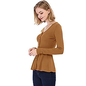 Allegra K Women's Peplum Sweater Ribbed V Neck Long Sleeve Knit Peplum Tops X-Small Brown
