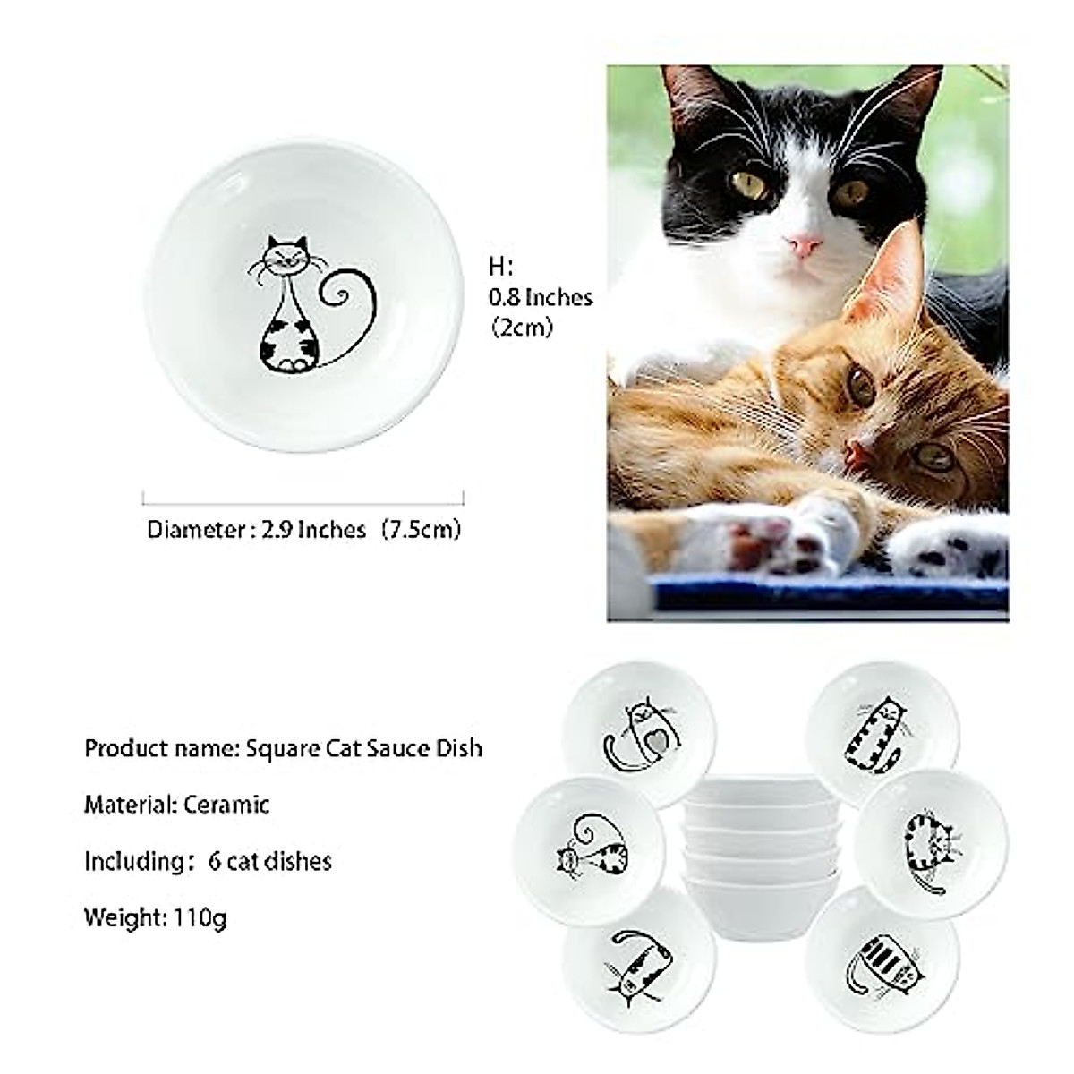 BigNoseDeer Super Cute Cat Ceramic Sauce Dish,Mini Side Seasoning Dish,Condiment Dishes,Sushi Soy Dipping Bowl,Snack Serving Dishes,Meow Porcelain Small Saucer Set(Set of 6)