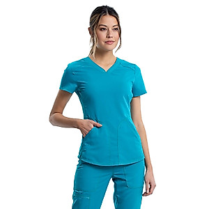 Cherokee Women's V Neck Scrubs Top with Shirttail Hem WW601, XXS, Teal Blue