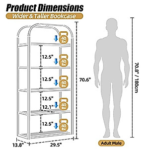 TooCust 5-Tier Gold Bookcase, 29.5" Lx70.6 H, Bookshelf for Bedroom,Gold Book Display Shelf, Arched Bookcase, Organizer Rack for Living Room, Gold Freestanding Display Shelf,White and Gold Bookshelf