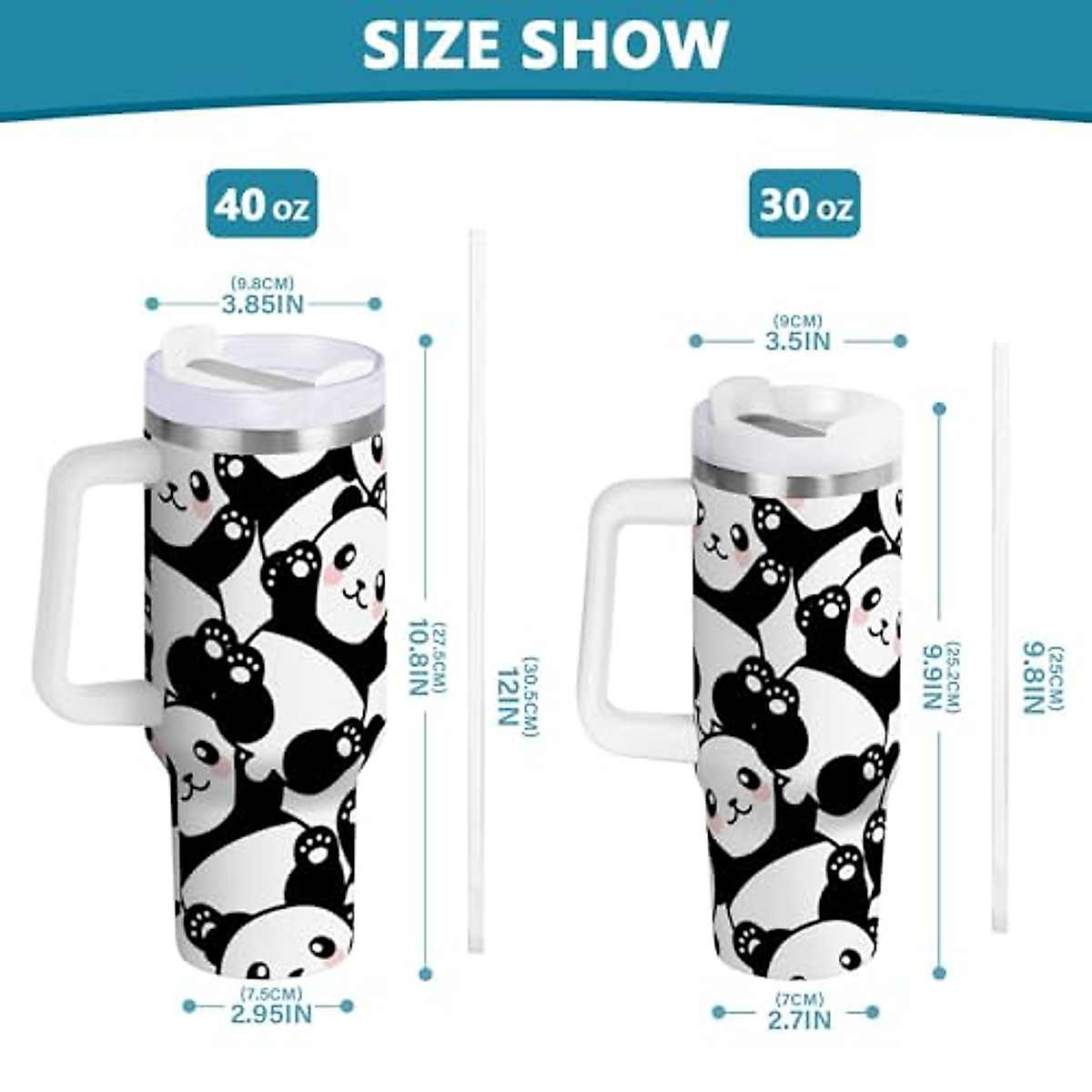 MCHIVER Cute Panda 30 oz Tumbler with Handle and Straw Stainless Steel Vacuum Water Bottle Leak-proof Travel Coffee Mug Insulated Tumbler for Home Office Car