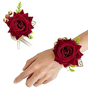 MYQNS Wrist Corsage and Boutonniere Set, Handmade Rose Boutonniere for Men Wedding, Bridal Bridesmaid Hand Flower Corsage Wristlet for Wedding Flowers Accessories Prom Suit Decor