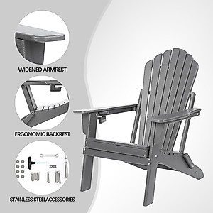 Plawdlik Folding Adirondack Chair Set of 2,SGS Tested,Wooden Textured with Cup Holder,Widened Heavy All-Weather HDPE Comfortable Seating for Ourdoor Grey