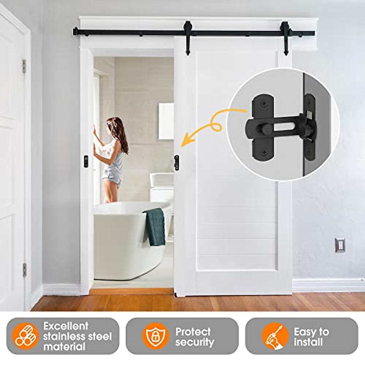 2 Packs 90 Degree Flip Barn Door Lock Latches, Matte Black Stainless Steel Gate Latch Security Door Latch for Barn Door, Pet Door, Bathroom, Cabinet Closet, Window, Sliding Door Lock