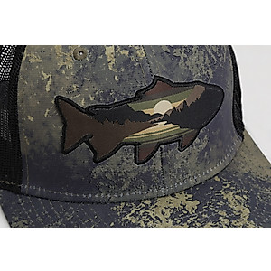 Sunset Trout 6-Panel Mesh Back Fly Fishing hat Moutain Silhouette Fishing hat (Olive Cirrus)