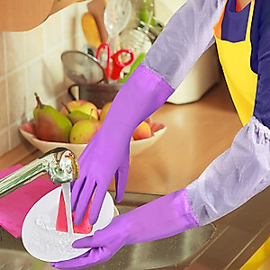 Elgood Reusable Long Sleeve Dishwashing Cleaning Gloves with Latex Free,Cotton Lining,Kitchen Gloves 2 Pairs,Purple+Blue L