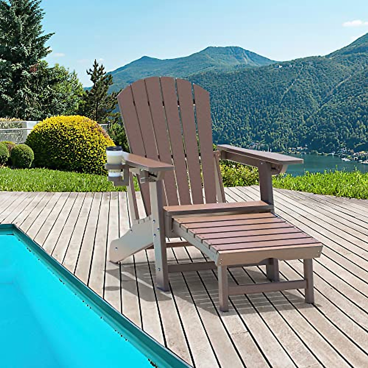 TORVA Folding Adirondack Chair Lawn Outdoor Fire Pit Chairs Adirondack Chairs Weather Resistant/Adirondack Retractable Ottoman（Brown Color）