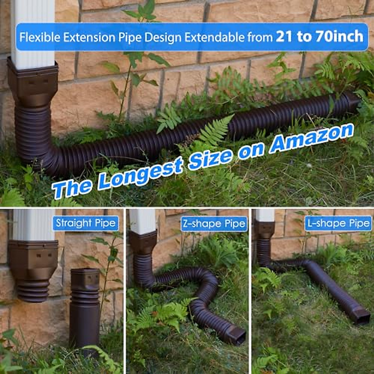 Gutter Downspout Extensions, 2 Pack Flexible Rain Gutter Downspout Extenders, Drain Downspout Extender for House Gutter Splash Block, Drainage Pipe Connector from 21"-70" - Brown