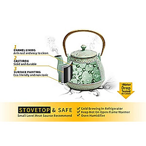 Tea Kettle, TOPTIER Japanese Cast Iron Teapot with Stainless Steel Infuser, Cast Iron Tea Kettle Stovetop Safe, Leaf Design Teapot Coated with Enameled Interior for 32 Ounce (950 ml), Light Green