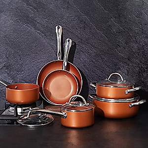 Copper Pots and Pans Set Nonstick 10-Piece Ceramic Cookware Set, Stainless Steel Handles, Dishwasher & Oven Safe, PFOA/PFAS-Free, Orange