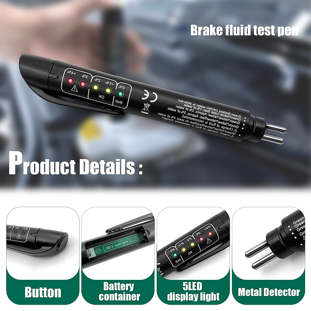 Brake Fluid Liquid Tester,Hydraulic Fluid Liquid Oil Moisture Analyzer with 5 Led Indicators,DOT 3 DOT 4 DOT 5.1 Brake Fluid Liquid Tester Pen for Check Engine Car Accessories