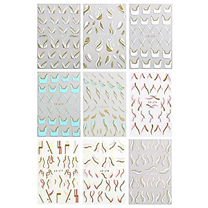 JMEOWIO 9 Sheets French Tip Nail Art Stickers Decals Self-Adhesive Pegatinas Uñas Colorful Glitter Wave Line Nail Supplies Nail Art Design Decoration Accessories