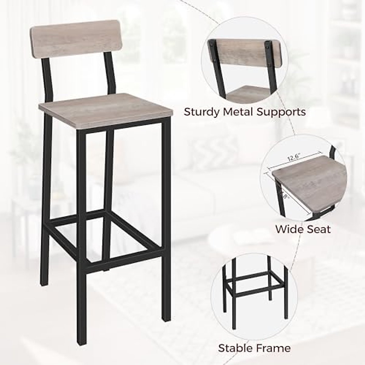 MAHANCRIS Bar Chairs, 25.6" Tall Counter Bar Stools, Set of 2 Bar Stools with Backrest, Kitchen Bar Stools with Footrest, for Dining Room, Bar, Easy Assembly, Greige BAHG03101