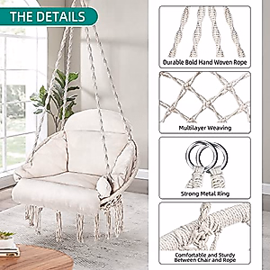 PUREKEA Hammock Chair, Macrame Hanging Swing Chair with Large Padded Cushion and Hardware Kits, Max 330 Lbs, Hanging Cotton Rope Chair for Indoor, Outdoor, Bedroom, Patio, Porch, Garden (Beige)