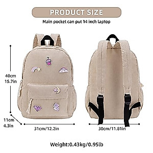 Unineovo Corduroy Backpack with Cute Pin Accessories, Lightweight 14 inch Laptop Bag for Teens Girls Casual School Backpack (Beige)