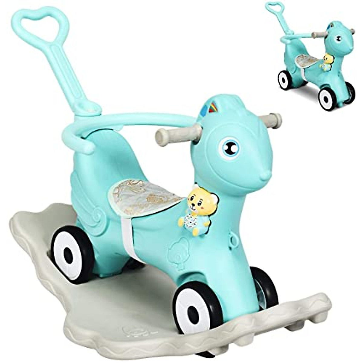 Costzon 4 in 1 Baby Rocking Horse, Ride on Push Car, Push and Ride Racer w/Music, Safety Bar, Parental Handle, Cushion, Kids Sliding Cart Rocker for 3–5 Year Old, Toddler Boys & Girls Gift Toy, Green