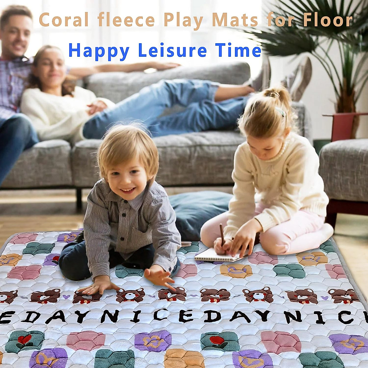 YANGSHILEI Playpen Mat 50x50, Thick One-Piece Crawling, Non-Slip Cushioned Baby Playmat for Infants,Babies,Toddlers, Coral Velvet Play Mat Machine Washable for Easy Storage(Pink Bear)