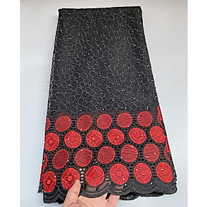 5 Yards African Lace Fabric 2023 Swiss Embroidery Lace Fabric with Stones Nigerian Women Wedding French Tulle Lace Material (Black&Red)