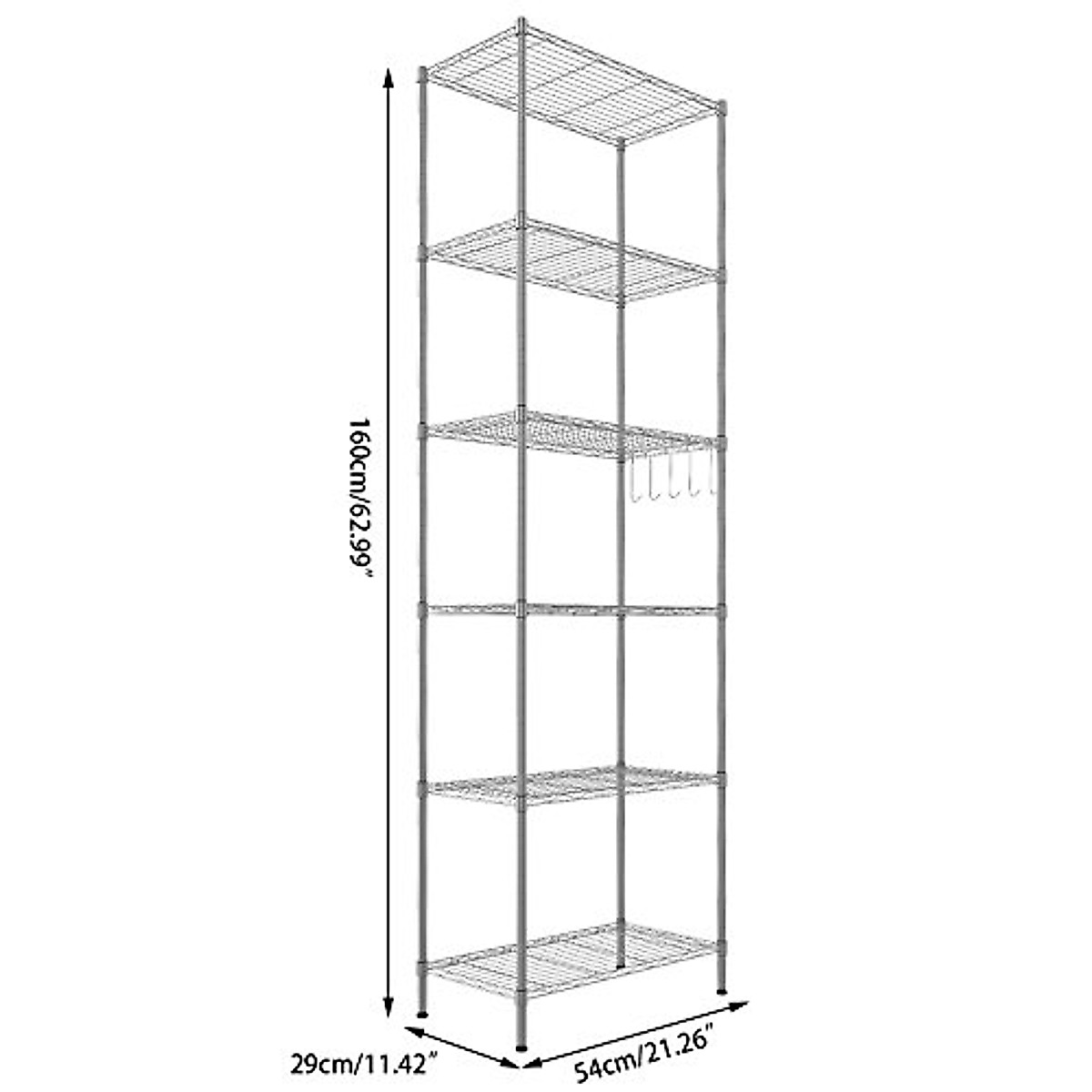 BATHWA 6-Tier Metal Wire Rack, Free Standing Shelving Unit, Adjustable Heavy Duty Storage Shelves for Kitchen Organization, with Leveling Feet and Stainless Side Hooks, Silver